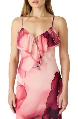 Steve Madden Cloud Print Ruffle Neck Maxi Dress