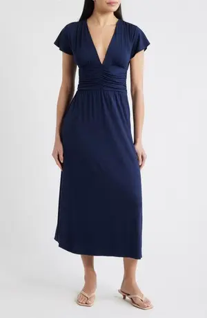 Loveappella Ruched Bodice Midi Dress - Navy