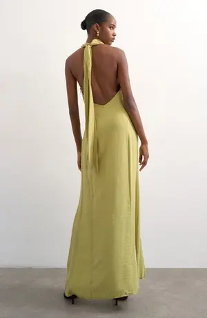 Topshop Halter Funnel Neck Open Back Maxi Dress - Lime
