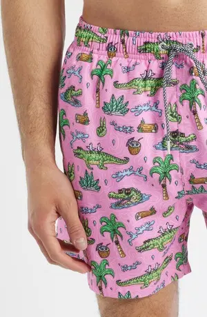 BOARDIES Crocodile Print Mid-length Swim Trunks - Pink