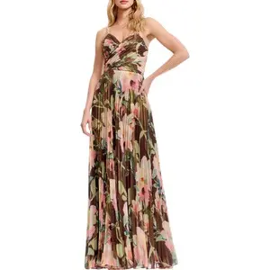 Dress The Population Floral Print Pleated Chiffon Gown