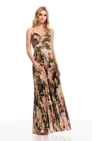 Dress The Population Floral Print Pleated Chiffon Gown