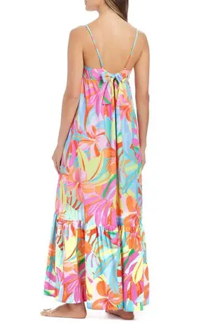 BLEU BY ROD BEATTIE Shirred Bow Back Tiered Maxi Cover-up Sundress - Multi Pink