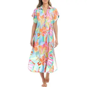BLEU BY ROD BEATTIE Pleated Dolman Sleeve Shirtdress Cover-up - Pink Multi