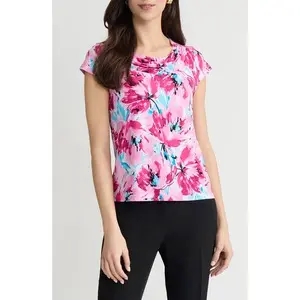 KASPER Floral Cowl Neck Cap Sleeve Top - Lily White Multi