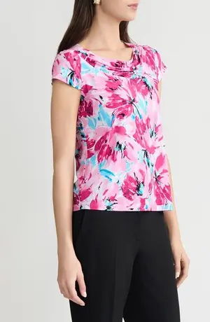 KASPER Floral Cowl Neck Cap Sleeve Top - Lily White Multi