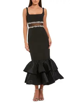 Mac Duggal Satin Gown With Pearl Neckline And Bow Detail - Black