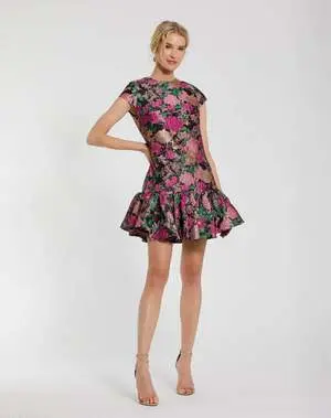 Mac Duggal Brocade Mini Dress With Ruffle Hem - Black Multi