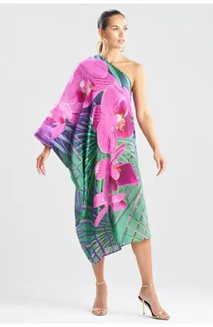 Natori Orchid Silk Cotton Voile One Shoulder Caftan W/ Beading - Multi