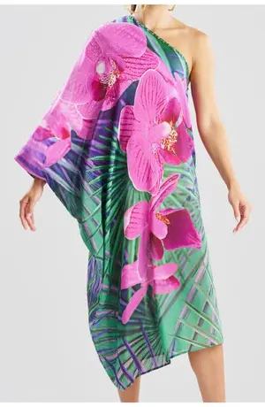 Natori Orchid Silk Cotton Voile One Shoulder Caftan W/ Beading
