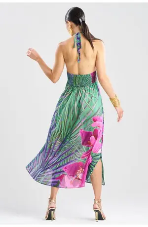 Natori Orchid Silk Cotton Voile Halter Maxi Dress