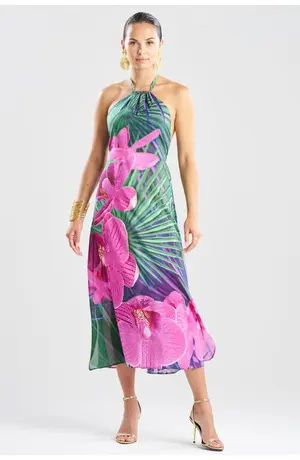 Natori Orchid Silk Cotton Voile Halter Maxi Dress