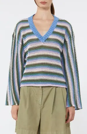 Max Mara Epica Stripe Open Stitch Linen Sweater - Blue Multicolour