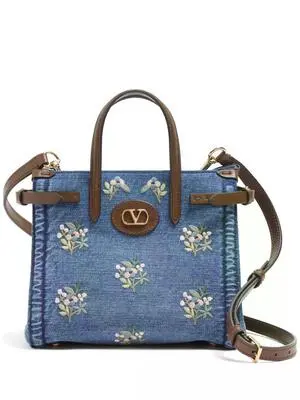 Valentino Garavani Antibes Small Embroidered Denim Shopping Bag - Blue