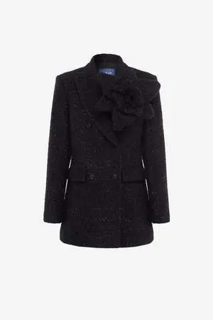 LEO LIN Jazlyn Tweed Blazer With Floral Embellishment - Ebony