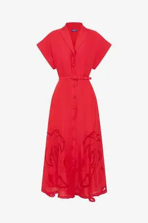 LEO LIN Aubrey Palm Shirt Midi Dress - Scarlet