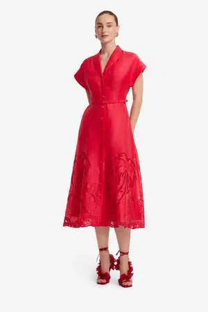 LEO LIN Aubrey Palm Shirt Midi Dress - Scarlet