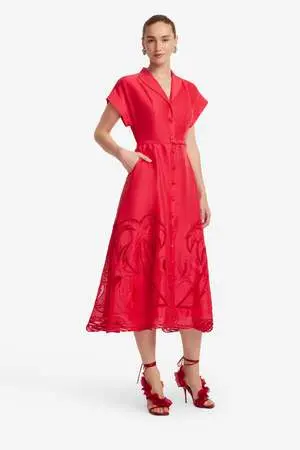 LEO LIN Aubrey Palm Shirt Midi Dress - Scarlet