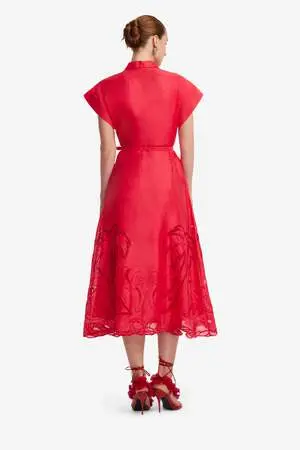LEO LIN Aubrey Palm Shirt Midi Dress - Scarlet
