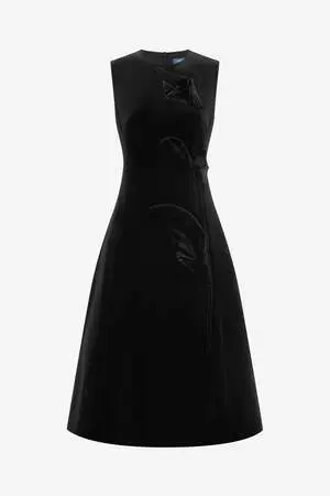 LEO LIN Velvet Sleeveless Midi Dress With 3d Floral Appliqu - Ebony