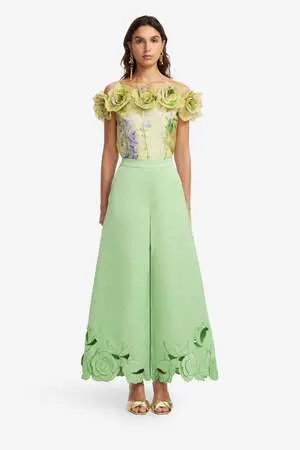 LEO LIN Theodora Appliqué Wide-leg Pants - Juniper Green