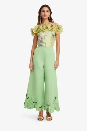 LEO LIN Theodora Appliqué Wide-leg Pants - Juniper Green