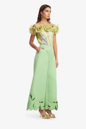 LEO LIN Theodora Appliqué Wide-leg Pants - Juniper Green