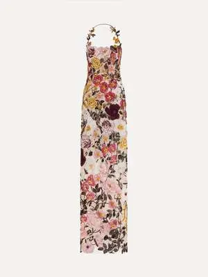 Oscar De La Renta Beaded Mixed Botanical Embroidered Halter Gown - Multi