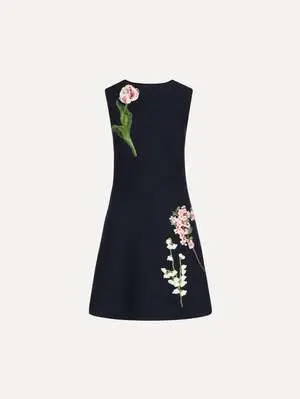 Oscar De La Renta Mixed Botanical Embroidered Dress Navy