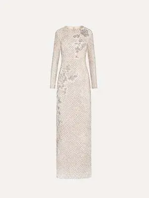 Oscar De La Renta Crystal Grid Floral Embroidered Gown - Silver