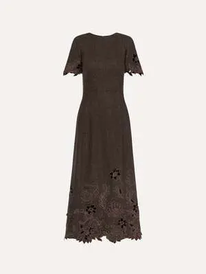 Oscar De La Renta Peony Cutout Twill Herringbone Midi Dress