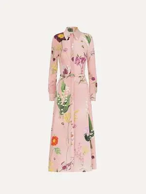 Oscar De La Renta Mixed Botanical Cotton Poplin Collared Midi Dress - Blush