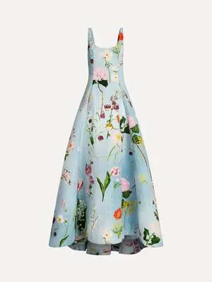 Oscar De La Renta Mixed Botanical Faille Gown - Blue