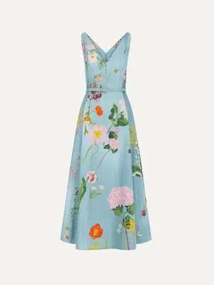 Oscar De La Renta Floral Print Cotton Poplin Dress - Blue