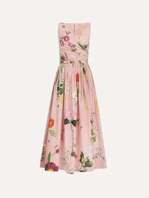 Oscar De La Renta Mixed Botanical Cotton Poplin Draped Midi Dress - Multi