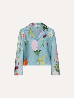 Oscar De La Renta Mixed Botanical Silk Twill Blouse - Blue