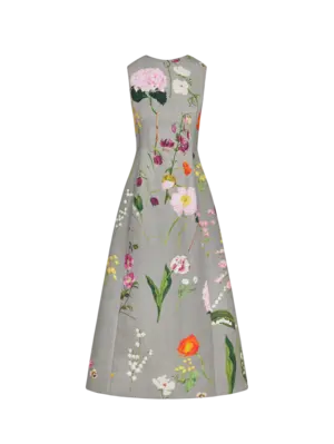 Oscar De La Renta Mixed Botanical Faille Sleeveless Dress - Grey