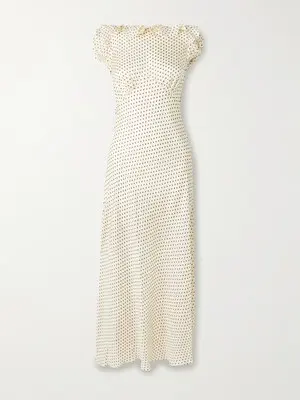 DÔEN Emerence Ruffled Polka-dot Silk-blend Twill Midi Dress - Neutrals
