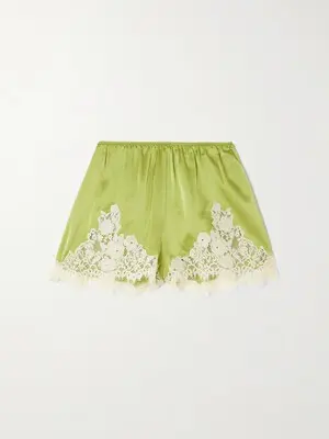 DÔEN Iona Lace-trimmed Silk-satin Shorts - Green