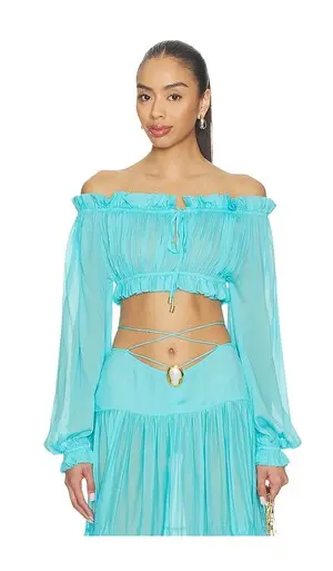 CIN CIN Off-the-shoulder Front Tie Cropped Chiffon Top