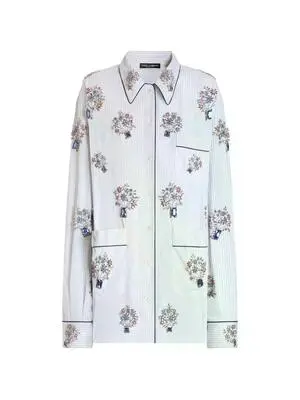 Dolce & Gabbana Poplin Shirt With Crystal Flower Embroidery - White