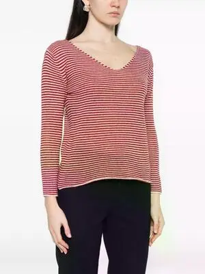 BEYOU Striped V-neck Sweater - Red