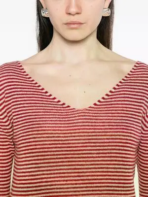 BEYOU Striped V-neck Sweater - Red