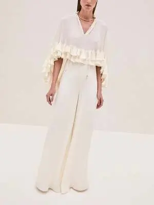 Alexis Cortese Ruffle Cape Top With Hand-beaded Collar - Ivory