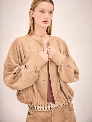 Alexis Cruz Suede Cropped Bomber Jacket - Walnut