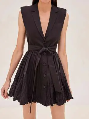 Alexis Cyrus Sleeveless V-neck Mini Dress With Belted Waist And Crinkled Skirt