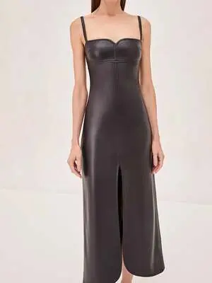 Alexis Jaline Vegan Leather Sweetheart Neck Midi Dress - Black