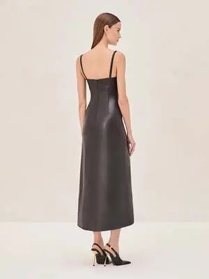 Alexis Jaline Vegan Leather Sweetheart Neck Midi Dress - Black