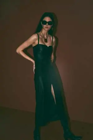 Alexis Jaline Vegan Leather Sweetheart Neck Midi Dress - Black