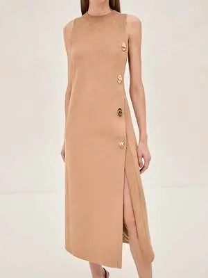 Alexis Kalita Vegan Suede Midi Dress With Gold-tone Buttons - Tan